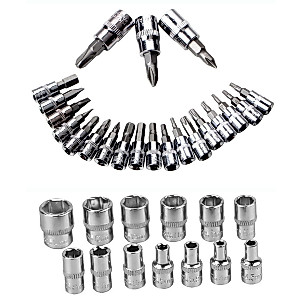 YWHWXB 46 Pieces Mechanic Tool Kit 1/4” Dr. Ratchet Socket Wrench Set with Storage Case, Includes Bit Sockets and Extension Bar