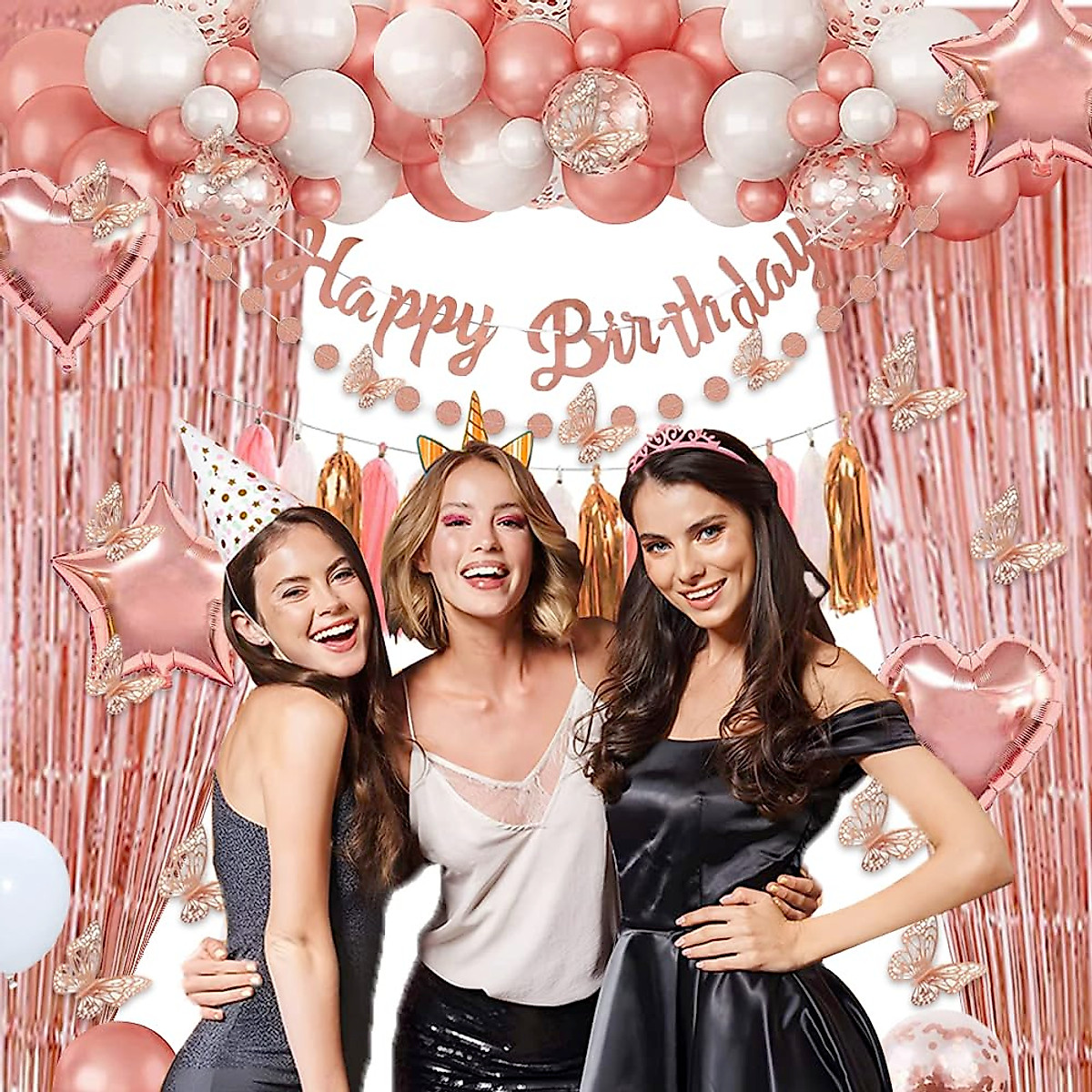 Rose Gold Birthday Party Decorations Kit for Women 73 Pieces, Happy Birthday Banner, Fringe Curtains, Butterfly Decor, Foil Balloons for 13th 16th 20th 21st 30th 35th 50th 60th Girls Men Party Supplies