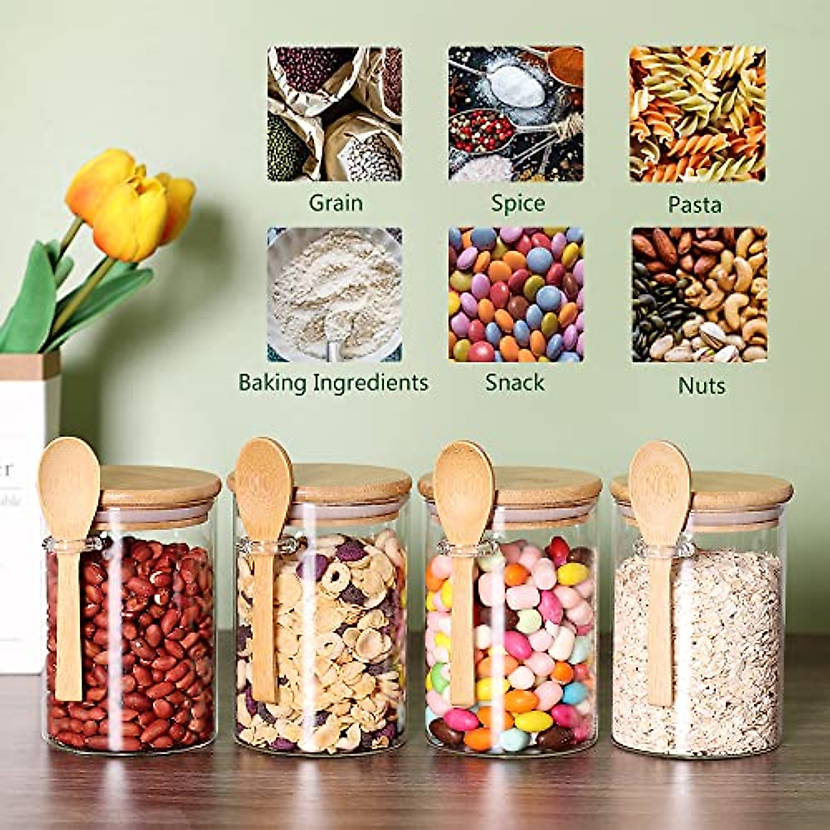 CZFWin Glass Jars with Bamboo Lids and Wooden Spoons Set of 4, Coffee Tea Sugar Container Set for Loose Tea Canister Storage, Overnight Oats Containers with Scoop for Seasoning, Coffee, Yogurt