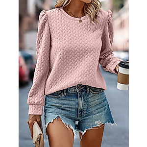PRETTYGARDEN Quilted Puff Sleeve Sweatshirt Fall Fashion 2024 Trendy Casual Western Ladies Pullover Outfits Clothes (Pink,L)