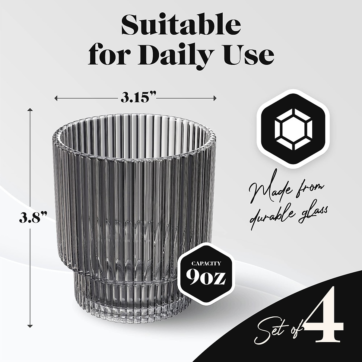 American Atelier Vintage Art Deco Fluted Drinking Glasses, Set of 4 Modern Kitchen Glassware Set | Old Fashion Tumbler for Cocktails and Water | Ribbed Lowball Glass Cup for Whiskey (Smoke Grey)