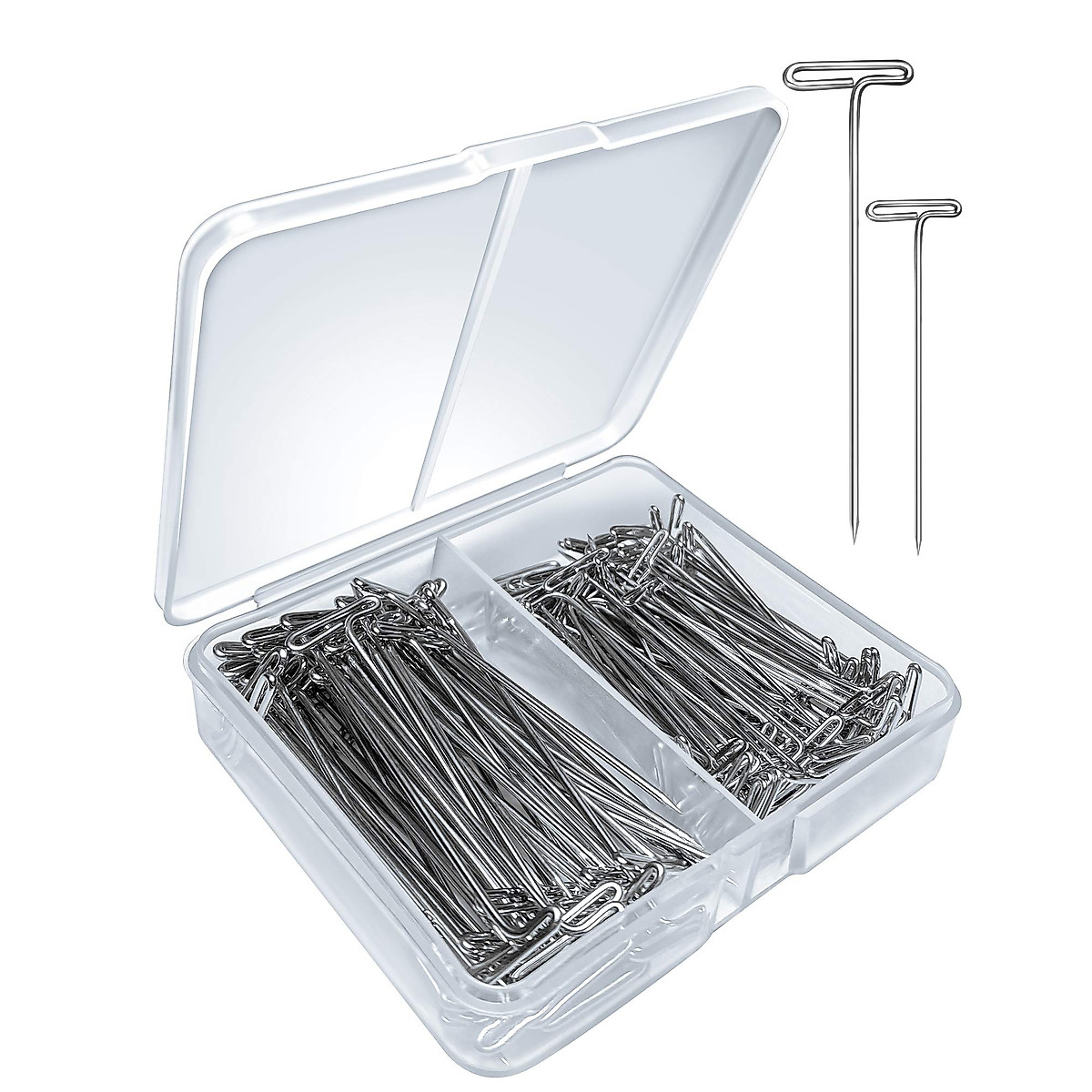 T Pins, 150 PCs T Shape Sewing Pins for Wigs and Crafts, Stainless Steel Push Pin Kit with Clear Box, Ideal for Knitting, Crocheting, Modelling and Office, 100 x 1-1/2 Inch and 50 x 2 Inch