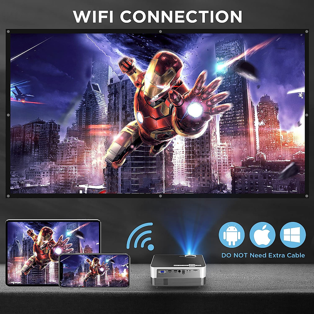 Projector with WiFi and Bluetooth, Native 1080P Movie Projector with 8500L HD, 4K & 300" Screen Supported, Mini WiFi Video Projector, Protable Projector with Carrying Bag