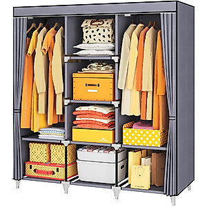 ZVZHM Portable Closet, 53 Inch Wardrobe Closet for Hanging Clothes with 2 Hanging Rods, 8 Storage Organizer Shelves, Non-Woven Fabric, Quick and Easy to Assembly, Grey