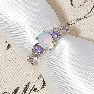 CiNily White Fire Opal Amethyst Women Jewelry Gemstone Silver Plated Ring Size 8