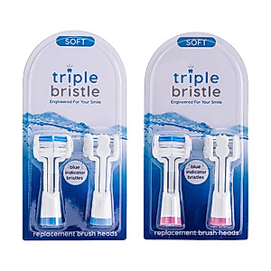 Triple Bristle Replacement Brush Head Refills | Innovative 3 Sided Head Design | Compatible with Triple Bristle Brand Sonic Toothbrush | Color Changing Indicator Bristles | 4 Pack (2 Pink + 2 Blue)