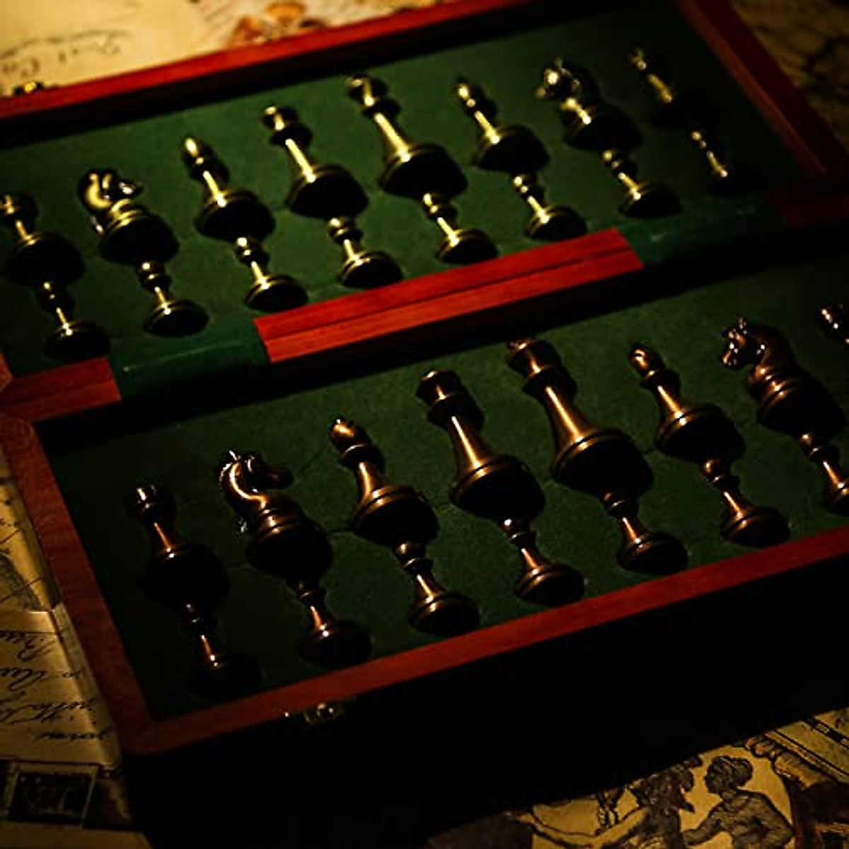 12 Inches Chess Set with Folding Wooden Chess Board and Classic Handmade Standard Pieces Metal Chess Set for Kids Adult