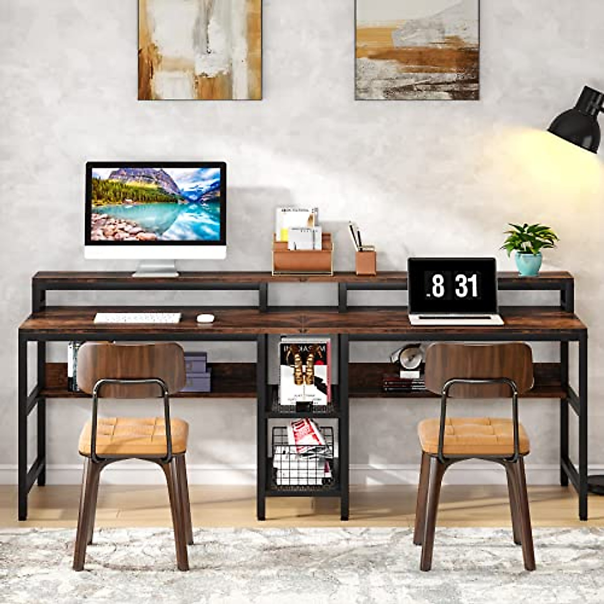 Tribesigns Two Person Desk with Storage Shelf, Double Computer Desk with Hutch, 78.7 Long Office Desk Double Workstation Study Writing Table for Home Office, Rustic Brown