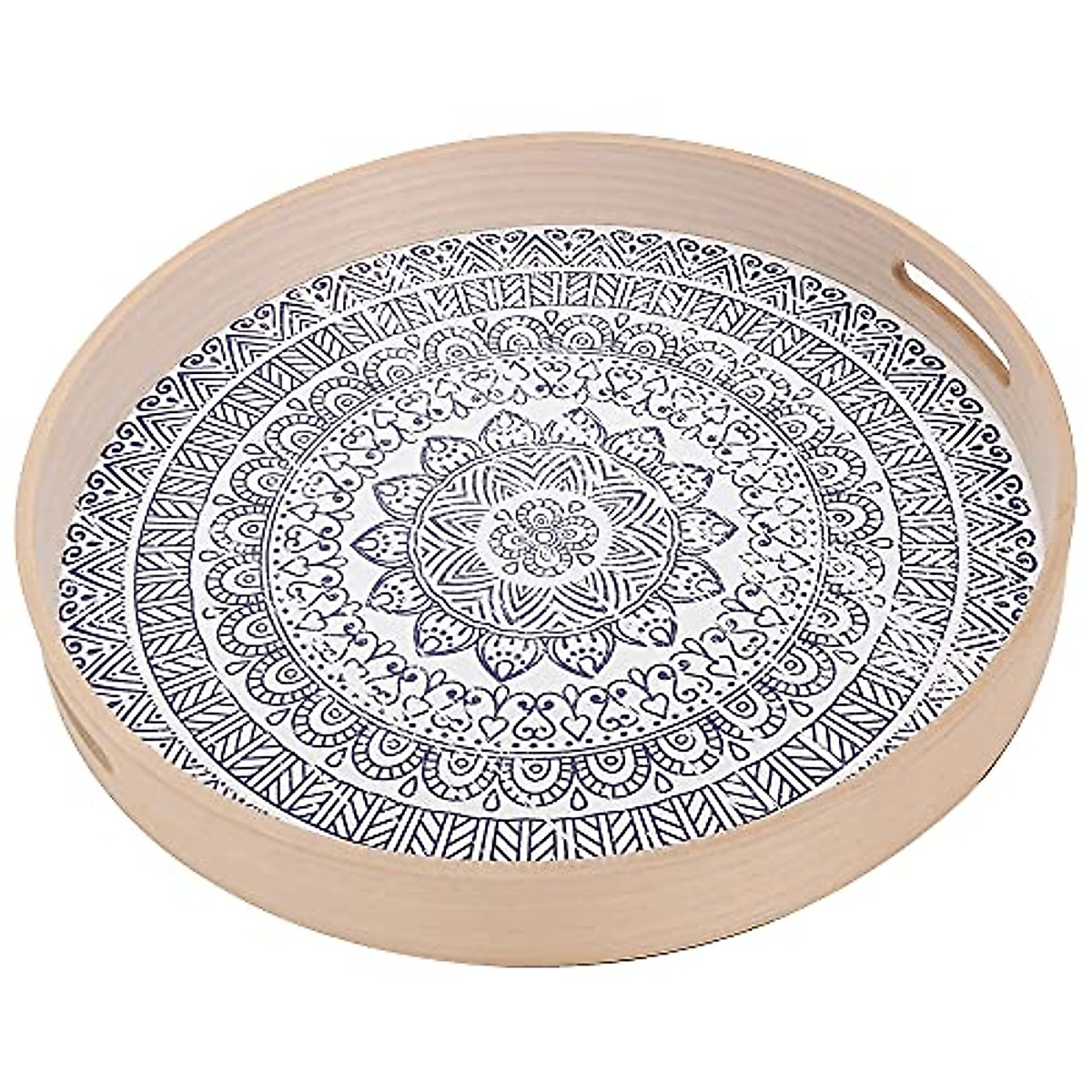 Round Wooden Tray Set with Handles Blue/White - Beautiful Mandala Trays by Camelot Design - Set of 2 Decorative Round Serving Trays
