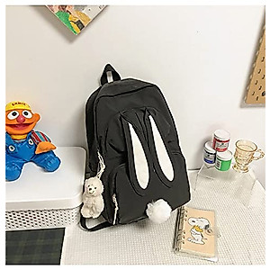 AQWEI 3D Kawaii Bunny Ear Backpack with Cute Bear Pendant for Girl School Bag Travel Backpack (Black)