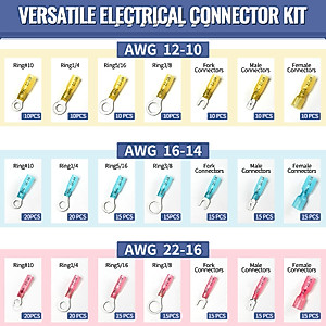 Sopoby Crimping Tool For Heat Shrink Connectors with 300PCS Marine Grade Heat Shrink Wire Connectors - Tinned Red Copper - Electrical Crimping Tool - AWG 22-10 Electrical Ring Fork Spade Splice