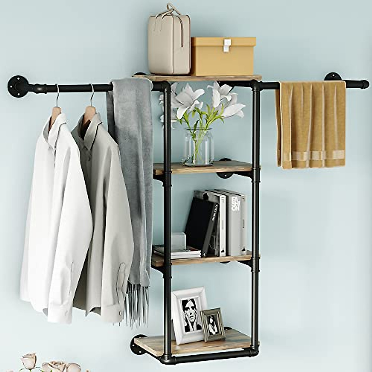 Wall Mounted Pipe Clothing Rack with Shelves, Industrial Clothes Rack with 4 Tier Closet Bar Heavy Duty Iron Garment Rack, Retail Display Clothes Rod for Hanging Clothes,Laundry Room (Black)