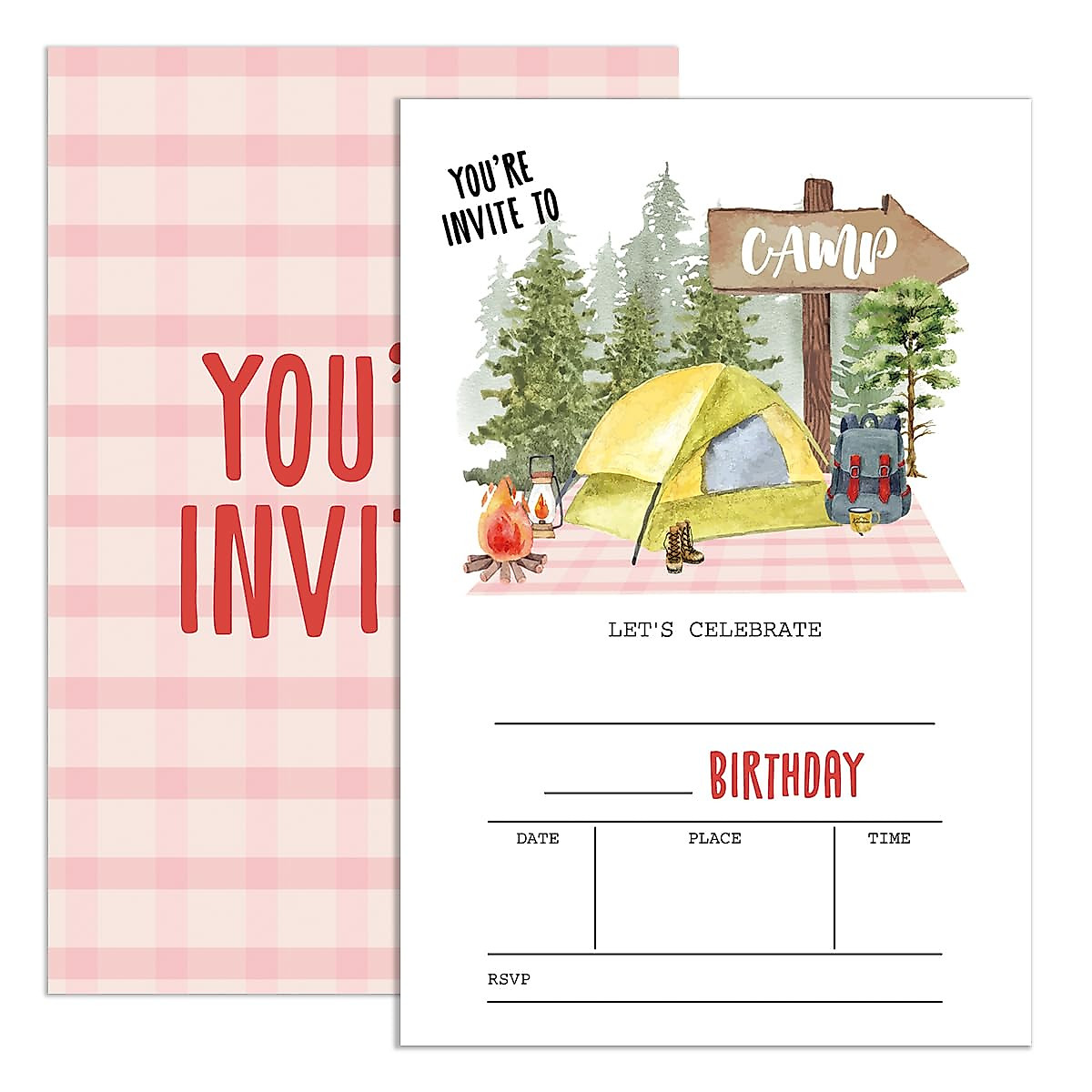 UDNADKEX Camping Birthday Invitations Girl with Envelopes, Invites for Girls Birthday Party Camp, Camp Out Birthday Party Invitations Cards, 4"x6" Set of 20, Yor're Invited to Camp