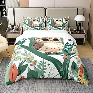 Feelyou Boys Girls Cute Owl Bedding Set Queen(No Comforter), 3D Animal Printed 100% Cotton Duvet Cover Kids Bird Decor Comforter Cover Cartoon Owls Design Teens 3Pcs with 2 Pillow Case