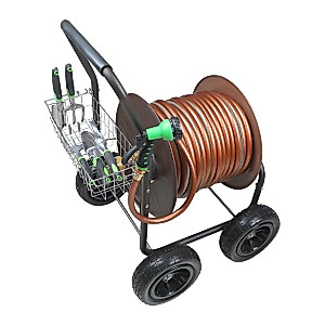 Boersite Stainless Steel Garden Hose Reel Cart Heavy Duty Portable Hose Holder with Basket 4 Solid Wheels Water Hose Storage Cart for Watering Garden/Yard/Lawn/Farm（Wood Grain Color）