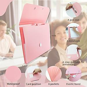 JIMEIQI Accordion File Organizer, 6 Pockets Versatile Document Organizer for Letter Size/A4 Paper/Receipts with One Notebook, Pink Expanding File Folder for Office/School/Home/Travel