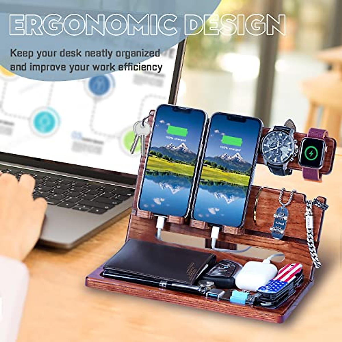 Funistree Gifts for Men Him Husband from Wife, Ash Wood Docking Station, Boyfriend Gifts for Anniversary Birthday, Nightstand Organizer Mens Gifts for Grandpa Dad Uncle Brother Son, Graduation Gifts