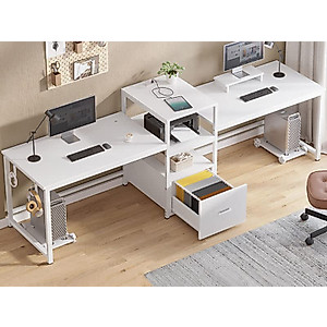 SEDETA 98" Home Office Desk, White Computer Desk with Letter/A4 File Drawer & Power Strip with USB, 2 Person Long Desk with Storage, Printer Shelf & Monitor Stand for Home Office, White
