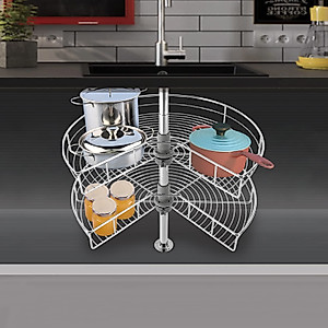 Fetcoi 2 Tier Kidney Chrome Lazy Susan, 28” Kitchen Base Cabinet Corner Organizer, 270° Rotating Blind Corner Wire Cabinet Mounted Rotating Storage Rack for Kitchen Storage