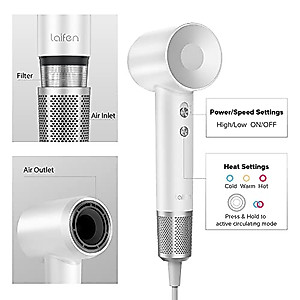 Laifen Hair Dryer, Negative Ionic Blow Dryer with High-Speed Brushless Motor for Fast Drying, Low Noise Thermo-Control Hairdryer with Magnetic Nozzle, Styling Concentrator & Diffuser (White)