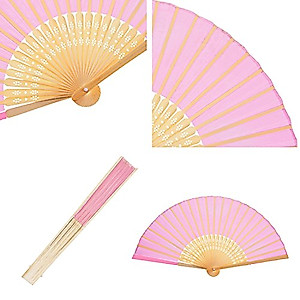Bememo Hand Held Fans Silk Bamboo Folding Fans Handheld Folded Fan for Church Wedding Gift, Party Favors, DIY Decoration (12 Pack, Pink)