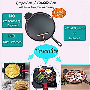 La Cuisine Cast Iron Crepe Pan with Wood Spreader Heat Resistant Handle Sleeve Tawa Dosa Tortilla Pan 11.8" Dia Matte Black Enamel Coating PFOA Free