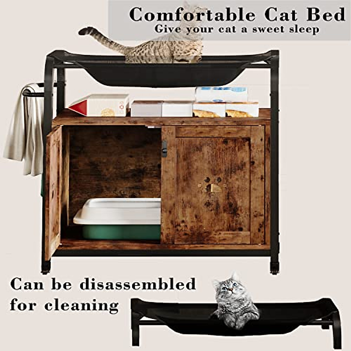 IRONCK Litter Box Enclosure with Cat Bed, 33" Large Cat Litter Box Furniture Hidden with Storage and Wheels, Easy Assembly, Cat House, Fit Most of Litter Box, Vintage Brown