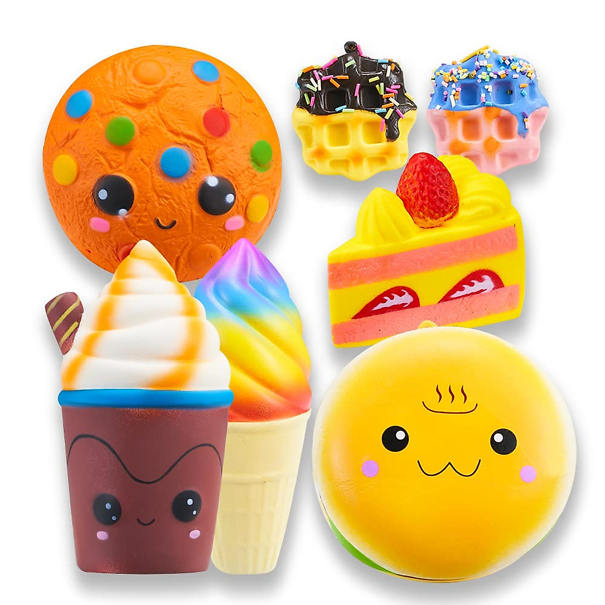SYYISA Jumbo Squishies Slow Rising [7-Pack]: Cake, Ice Cream, Bread, Chocolate Cookie, Chocolate Frappuccino, and Waffles Kawaii Soft Food Squishy Toys - Squishys are Great Sensory Toys for Kids!