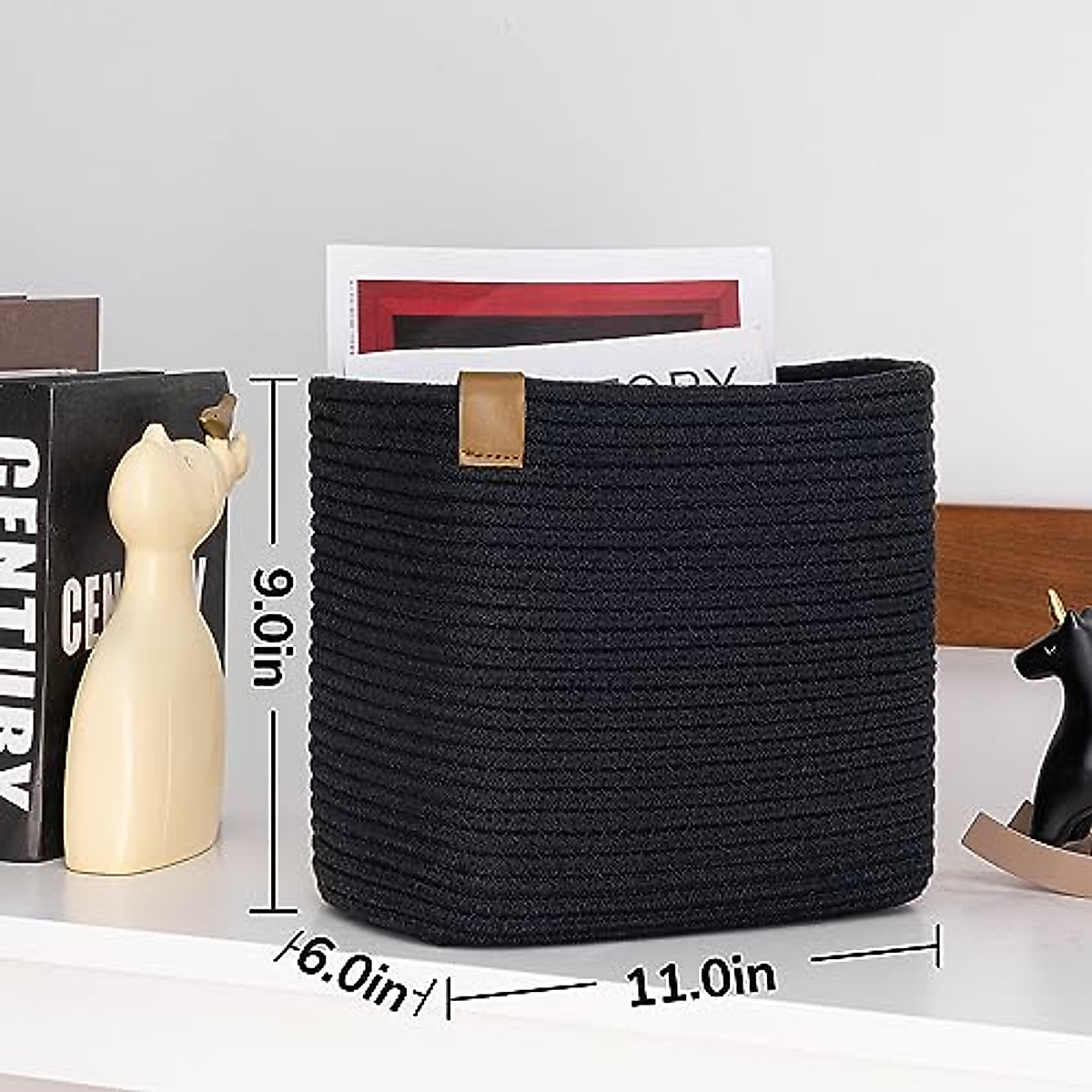 Goodpick Magazine File Holder Small Storage Baskets for Organizing Woven Rope Basket for Newspaper, Books, Towels, Desk Closet Organizer and Storage Bin for Office Decorative Black Basket for Shelves