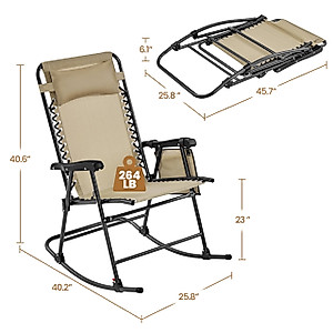 Yaheetech 26in Rocking Chair Outdoor Zero Gravity Folding Chairs Rocking Chairs Foldable Outdoor Lounge Chair for Outside Lawn with Cupholder/Pillow Ergonomic Design for Rest, Beige