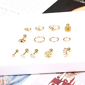 Leocuci Cartilage Earring Tragus Piercing Jewelry for Women Stainless Steel Forward Helix Earrings Gold Daith Piercing Jewelry Conch Hoop Earring Set with Ear Piercing Studs