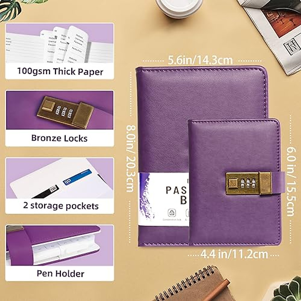 Password Book with Lock, Password Keeper with Alphabetical Tabs, Password Organizer for Computer and Internet Address Website Login, Gifts for Home and Office, 5.6''x 8''-Brown