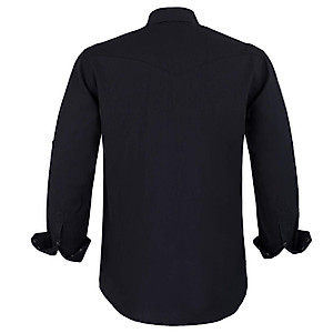 Dress Shirt for Men Western Cowboy Long Sleeve Casual Two Pockets Work Solid Pearl Snap Buttons Up Wrinkle Free Shirts (Black/L)