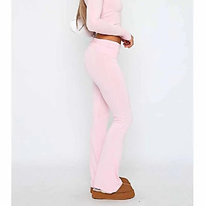 Sumleno Women Y2k Skinny Pants Flare Leggings Low Rise Fold Over Waist Bootcut Stretchy Yoga Sweatpants Lounge Streetwear (Light Pink,S)