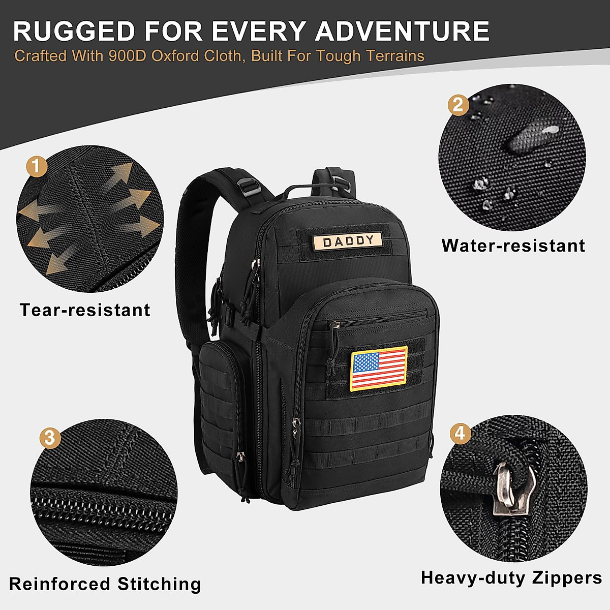 MIRACOL Military Diaper Bag for Men - Waterproof Multi-Pocket Organization Diaper Backpack for Travel Hiking Camping - Baby Gear for Active Dad Black