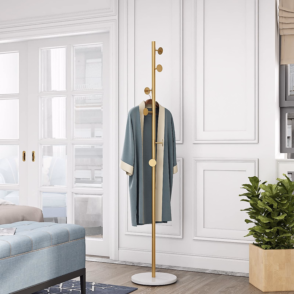 DOORXIFO Gold Coat Racks, Metal Coat Rack Freestanding with Hooks, Entryway Coat Rack Stand, Coat Racks with Marble Base, Coat Tree for Hanging Clothes, Hats, Bags