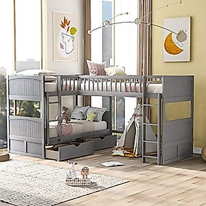 SOHUSPHOME Twin-Over-Twin Wooden L-Shaped Triple Bunk Bed with Ladders and 2 Storage Drawers, Space-Saving Design, Built-in Ladder & Solid Slat Support for Kids Teens Bedroom, Grey