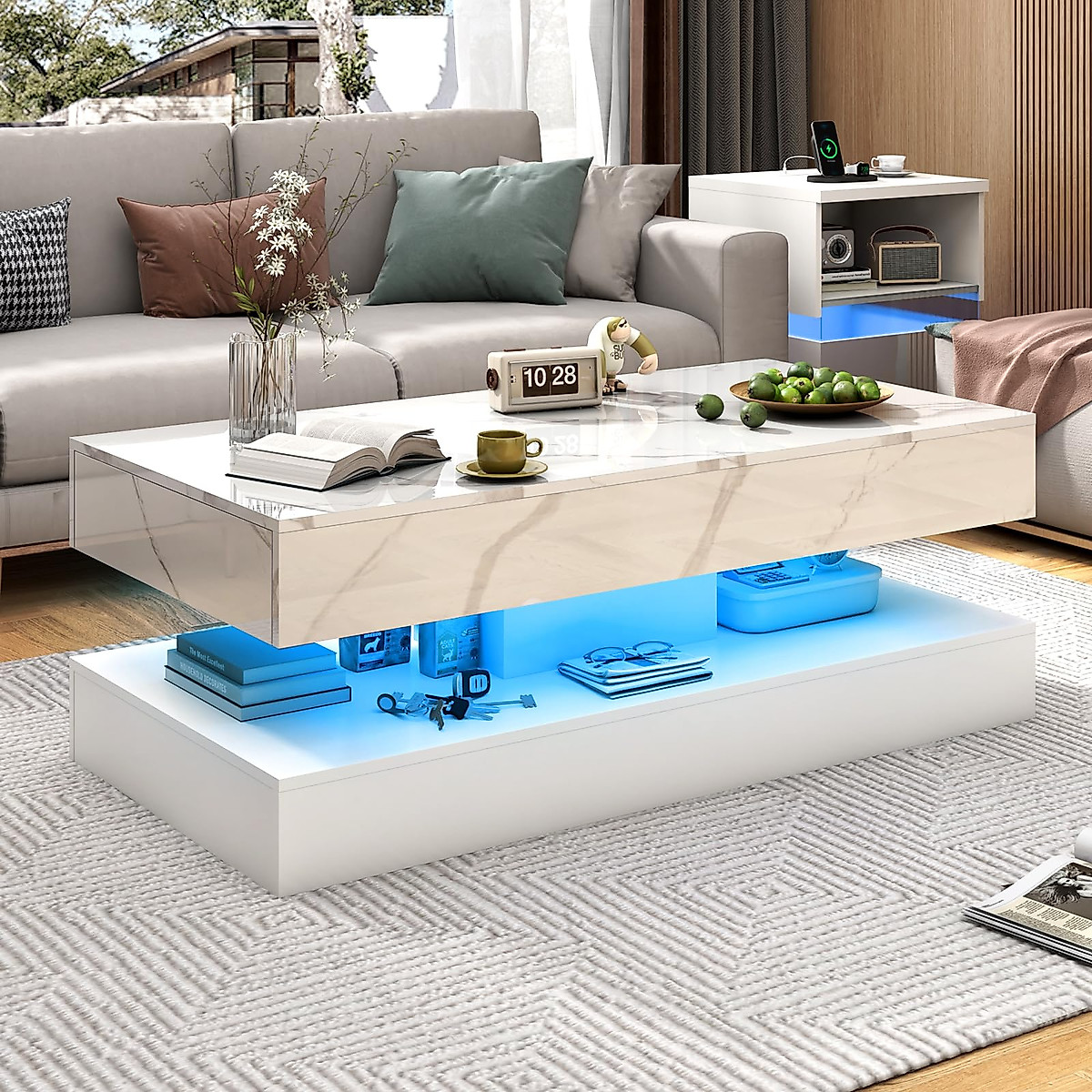 chartustriable 47inch Large High-Glossy LED Coffee Table with 2 Sliding Drawers, Living Room Storage Tables with Marbling Print, Modern Stylish Double-Layer Center Tables w/LED Lights, White