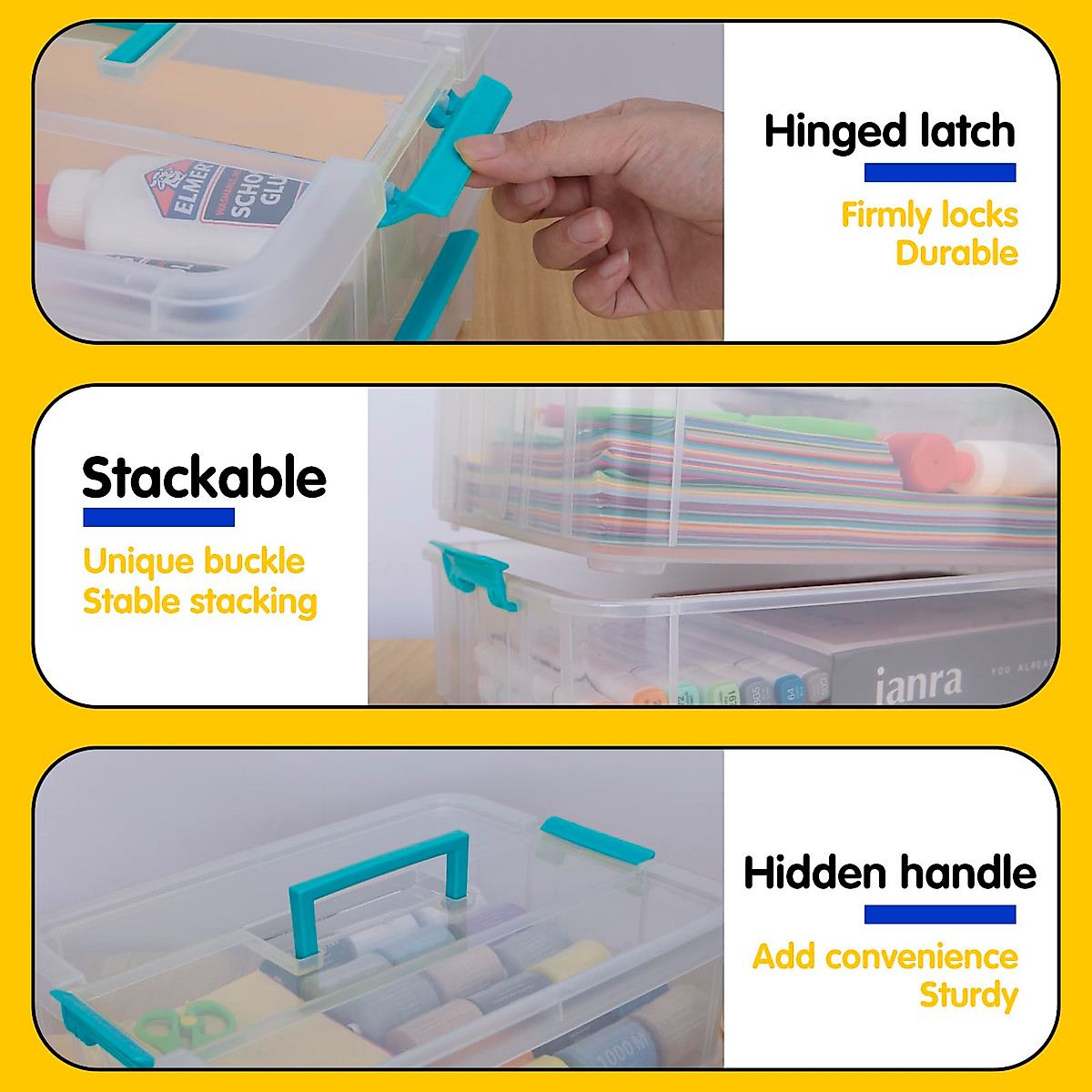 TERGOO 2 Layer Plastic Storage Containers with Lids, Multipurpose Clear Stack & Carry Box, Portable Craft Organizers and Storage Bin for Organizing Art & Craft, Sewing, Makeup, Nail Supplies (Blue)