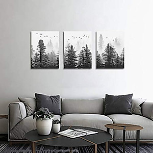 Wall art Canvas wall art Forest wall art Living room decoration black and white art Landscape wall art Gable decoration Morning fog Mountain canvas art wall Fog forest 3 panel Modern home Decoration