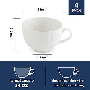 KOOV Jumbo Soup Mug, Soup Bowls with Handles Microwave Safe, Ceramic Soup Mugs with Handles, Jumbo Mug Set of 4, 24 Ounce (White)