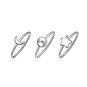 Bling Jewelry Minimalist Delicate Sun Moon Star Knuckle Thin 1MM Band Stackable Celestial Midi Three Ring Set For Women Teen .925 Sterling Silver