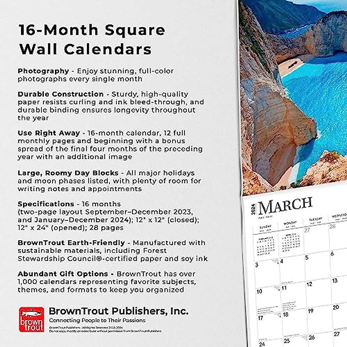 Greece | 2024 12 x 24 Inch Monthly Square Wall Calendar | BrownTrout | Travel Europe Balkans Athens Mykonos