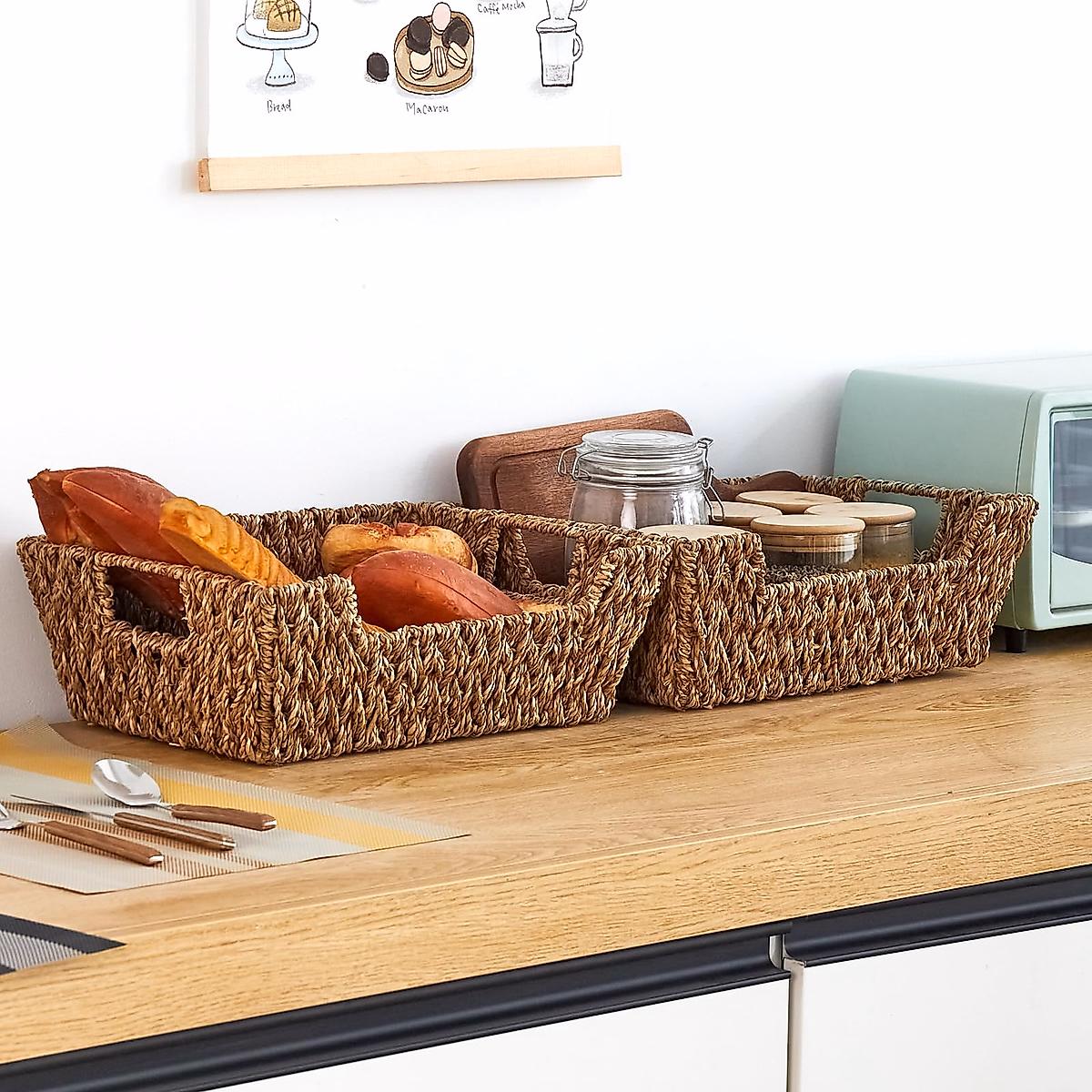 LGEHOOM Seagrass Wicker Storage Baskets Open-Front Pantry Baskets With Handles Handwoven Rattan Shelf Baskets for Organizer and Storage, 2 Pack