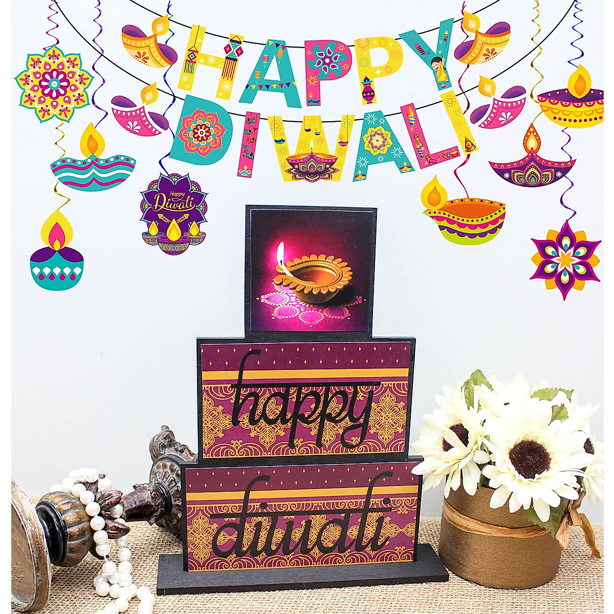 Diwali Decorations Happy Diwali Banner Hanging Swirls Kit Diwali Decor Hanging Decorations Diwali Rangoli Diya Hanging Decors for House Happy Diwali Banner for Home