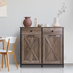 Arlopu Double Tilt Out Trash Cabinet, 20 Gallon Pet Proof Kitchen Pull Out Recycle Cabinet, Freestanding Wooden Laundry Sorter Cabinet, W/Drawer, Barn Door, for Home, Living Room, (Greige)