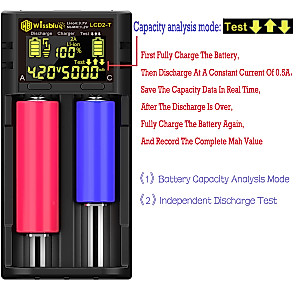 LCD2-T 18650 Battery Charger, LCD Screen Can Display Capacity, with Battery Capacity Tester, 2A Fast Charger Discharg 2bay, for 3.7v Rechargeable Lithium Battery and 1.2v Ni-Mh/Ni-Cd AA AAA Battery