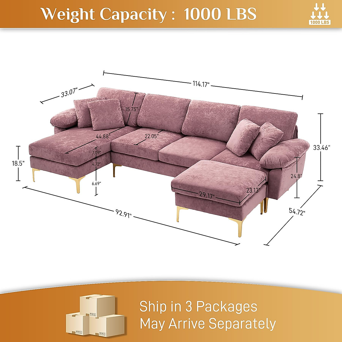 Wrofly U-Shaped Sectional Sofa Couch, 114" Comfy Convertible 4 Seat Sofa with Chaise Lounge & Ottoman, Modern Oversized Deep Seat Sleeper Sofa Set for Living Room Apartment, Purple Velvet