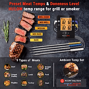 ThermoPro TP25 650FT Bluetooth Meat Thermometer with 4-Probes, Smart Rechargeable Wireless Meat Thermometer for Grilling, Smoker, Oven, Kitchen, BBQ Thermometer with Alarm, Temperature Graph, Black