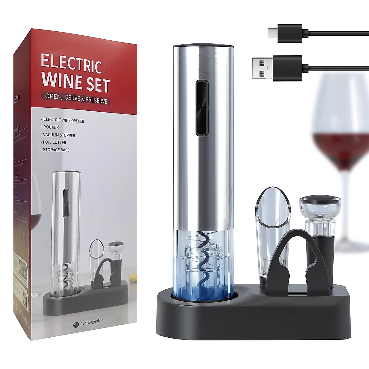 Oaklete 6-in-1 Electric Wine Opener Set Rechargeable Electric Wine Bottle Opener can Open 80 Bottles Once Charging and 3+ Months Lasting, Gift for Wine Lovers（Stainless Steel ）